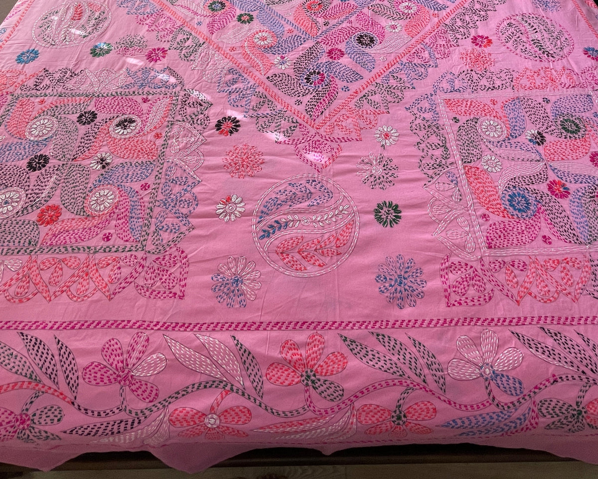 Hand Embroidered Pink Cotton Bedspread Set with Pillow Covers – ETTYL
