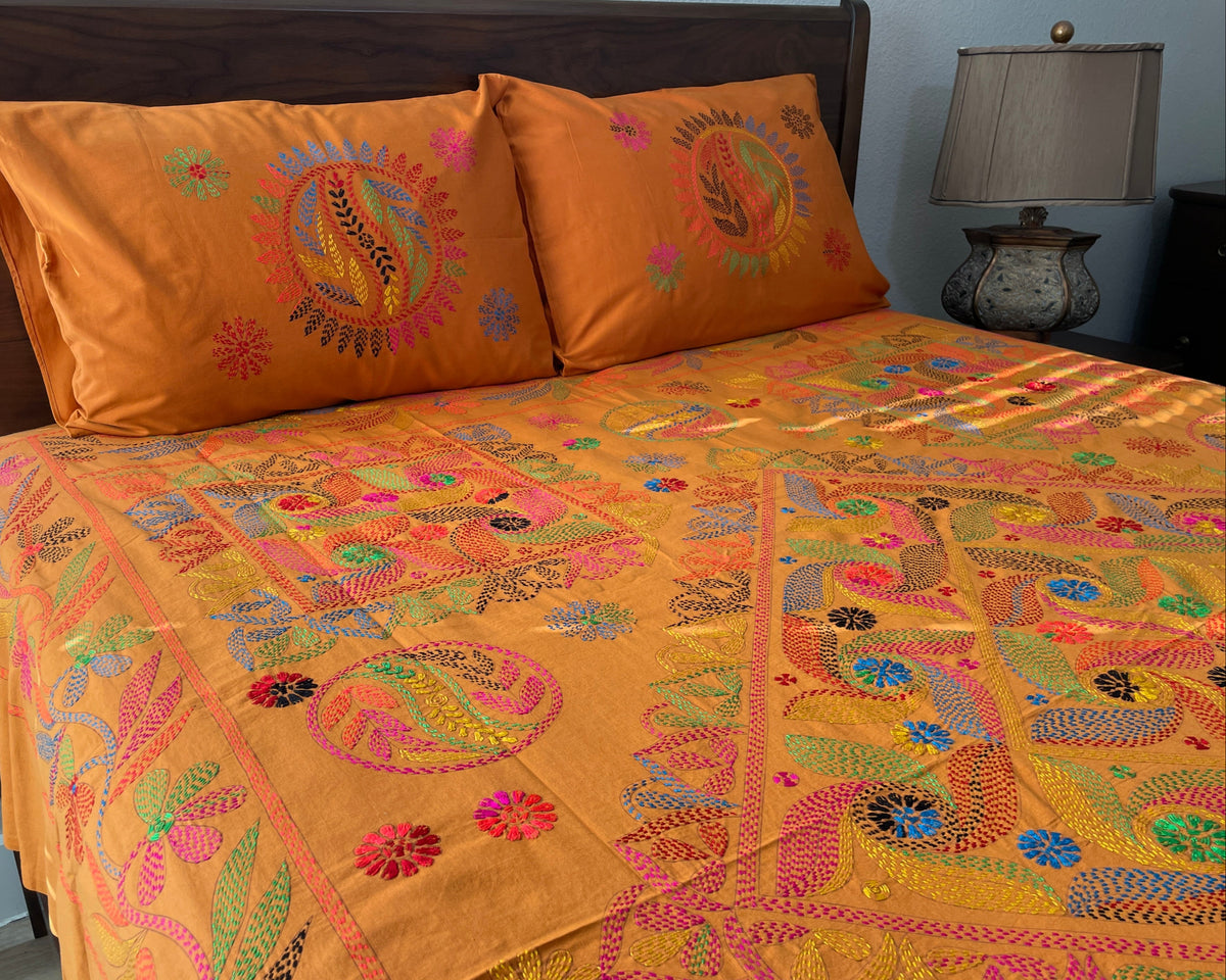 Hand Embroidered Orange-Gold Cotton Bedspread with Pillow Covers For F ...