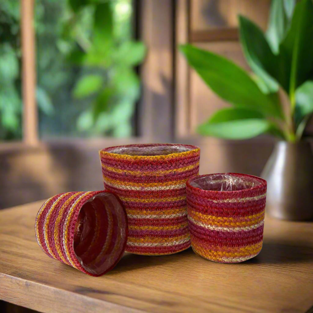 Set of 3 Colorful Hand-Braided Jute Planters – Eco-Friendly Decor – ETTYL